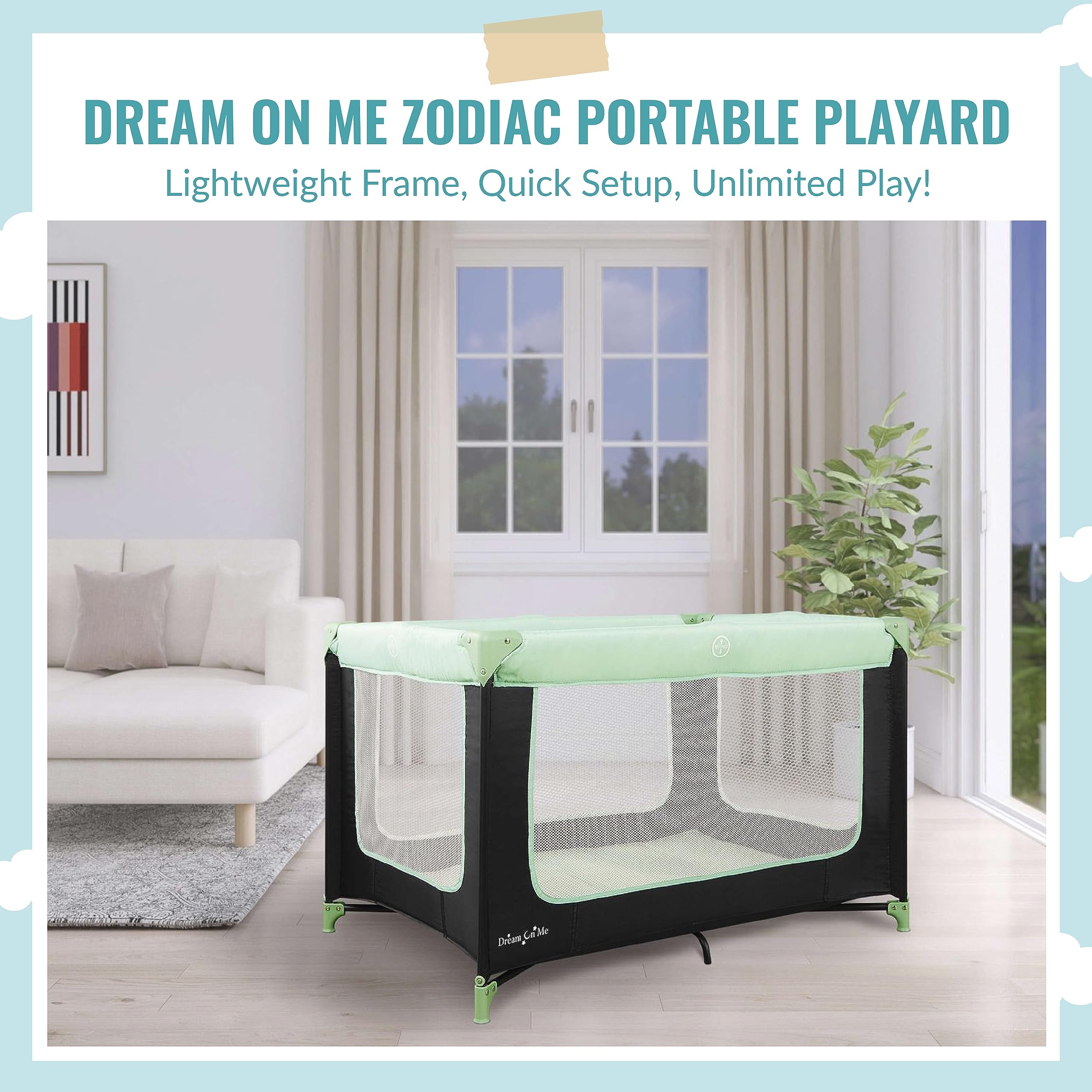 Dream On Me Zodiak Portable Playard in Mint, Lightweight, Packable and Easy Setup Baby Playard, Breathable Mesh Sides and Soft Fabric - Comes with a Removable Padded Mat