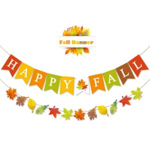 Happy Fall Banner Maple Leaves Garland Seasonal Festive Home Decoration for Mantle Halloween Thanksgiving Day Bunting Sign Fall Party Supplies