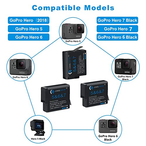 COOLSHOW Hero 7 Battery 1500mAh (3 Packs) Replacement and Triple USB Hero 8 Charger Compatible with GoPro Hero 7,GoPro Hero 6,Hero 8,GoPro Hero 7 Black,HERO6 5 Black, Hero(2018),AHBBP-501