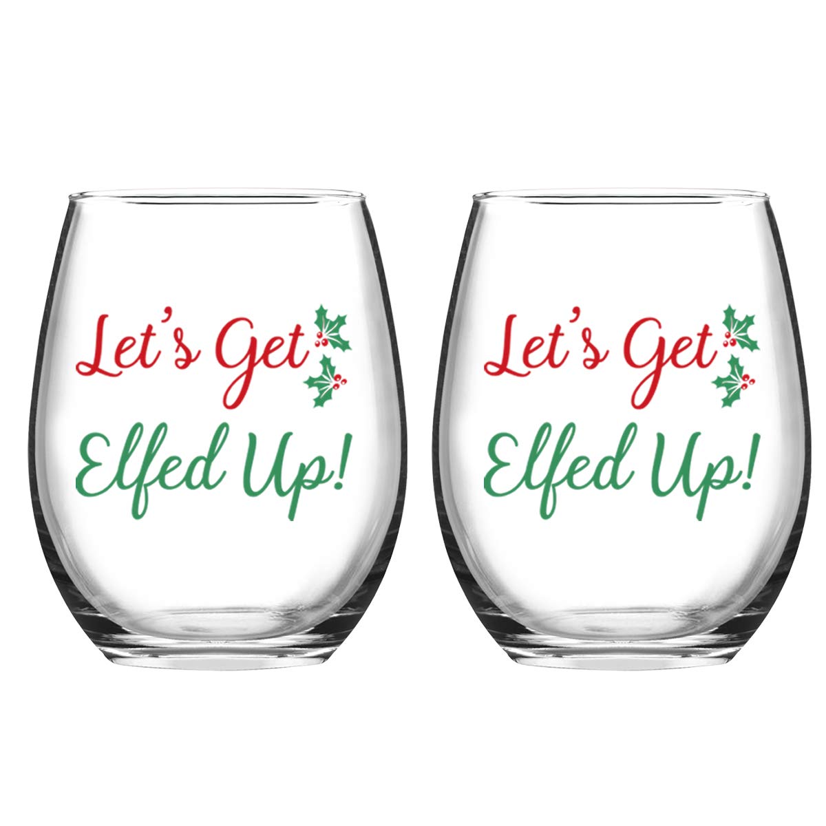 Let's Get Elfed Up Christmas Wine Glass, 15 Oz Funny Stemless Wine Glasses for Women Friends Men, Gift Idea for Christmas Wedding Party, Set of 2