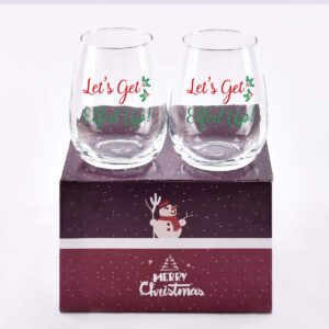 Let's Get Elfed Up Christmas Wine Glass, 15 Oz Funny Stemless Wine Glasses for Women Friends Men, Gift Idea for Christmas Wedding Party, Set of 2