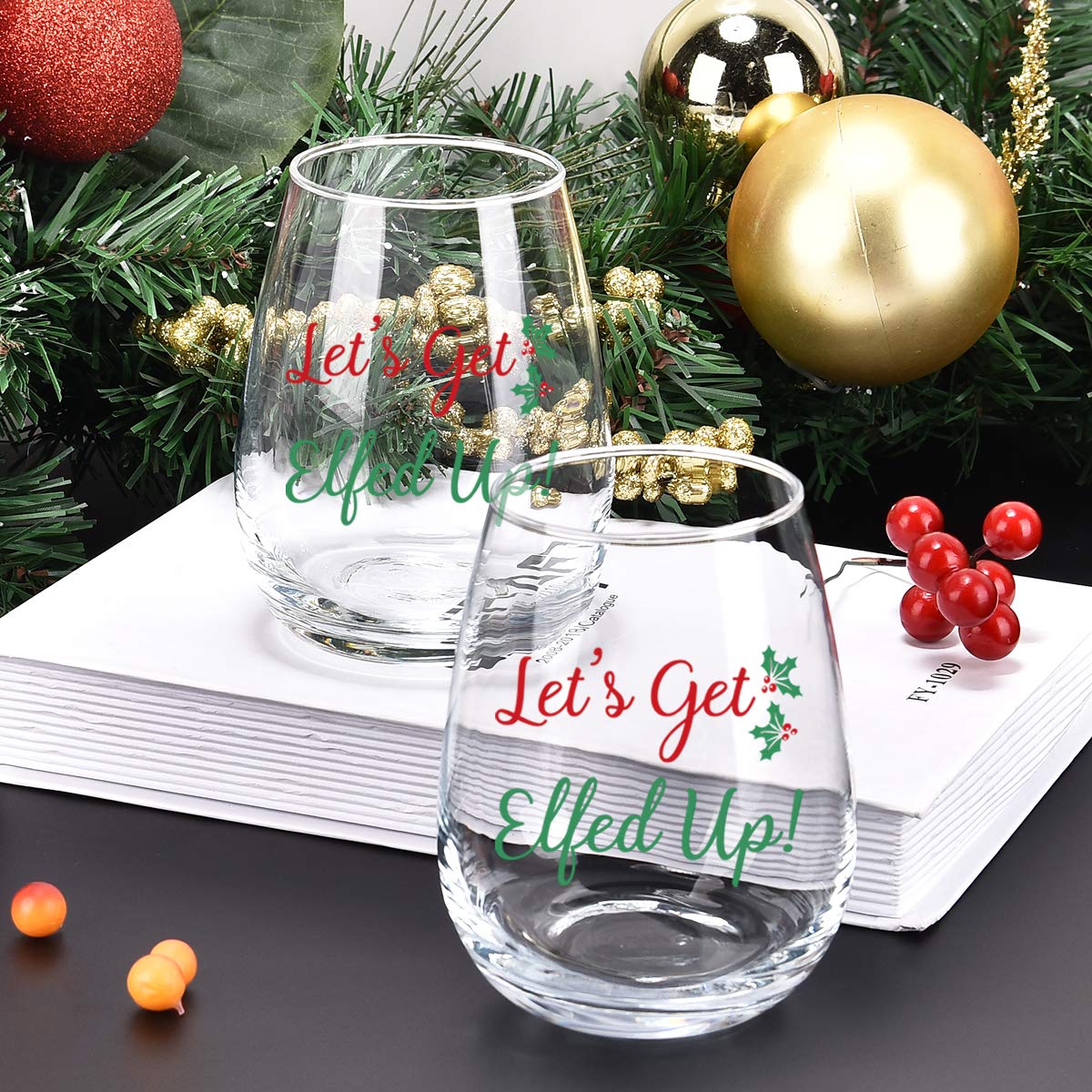 Let's Get Elfed Up Christmas Wine Glass, 15 Oz Funny Stemless Wine Glasses for Women Friends Men, Gift Idea for Christmas Wedding Party, Set of 2