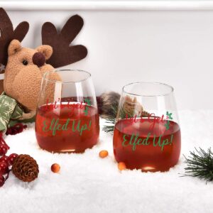 Let's Get Elfed Up Christmas Wine Glass, 15 Oz Funny Stemless Wine Glasses for Women Friends Men, Gift Idea for Christmas Wedding Party, Set of 2