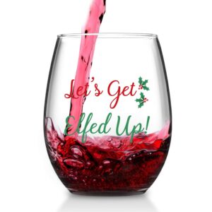 Let's Get Elfed Up Christmas Wine Glass, 15 Oz Funny Stemless Wine Glasses for Women Friends Men, Gift Idea for Christmas Wedding Party, Set of 2