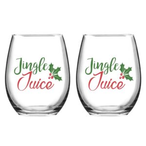 jingle juice christmas wine glass, 15 oz funny stemless wine glasses for women friends men, gift idea for christmas wedding party, set of 2