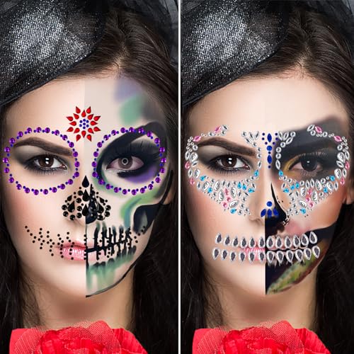 2 Pack Day Of The Dead Skull Temporary Rhinestone Face Tattoo,Face Stickers Gems Jewels for Halloween