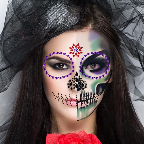 2 Pack Day Of The Dead Skull Temporary Rhinestone Face Tattoo,Face Stickers Gems Jewels for Halloween