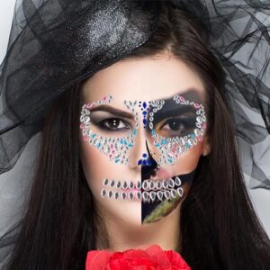 2 Pack Day Of The Dead Skull Temporary Rhinestone Face Tattoo,Face Stickers Gems Jewels for Halloween