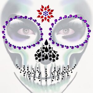 2 Pack Day Of The Dead Skull Temporary Rhinestone Face Tattoo,Face Stickers Gems Jewels for Halloween