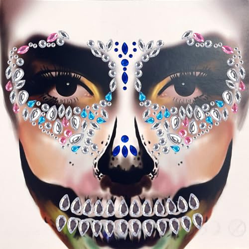 2 Pack Day Of The Dead Skull Temporary Rhinestone Face Tattoo,Face Stickers Gems Jewels for Halloween