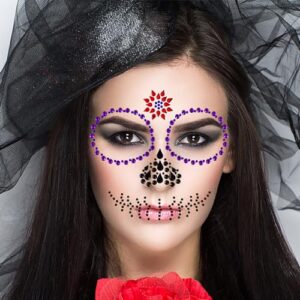 2 Pack Day Of The Dead Skull Temporary Rhinestone Face Tattoo,Face Stickers Gems Jewels for Halloween