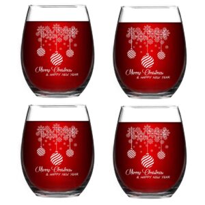 merry christmas stemless wine glass set for women friends, christmas idea for mom wife girlfriend sister wedding birthday party, set of 4