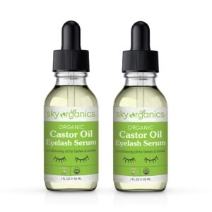 organic castor oil eyelash serum by sky organics (1oz x 2 pack) cold-pressed, 100% pure castor oil - dry skin, hair growth, eyelashes & eyebrows growth- caster oil lash enhancer with mascara brushes