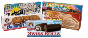 little debbie variety pack, 1 box each of zebra cakes, cosmic brownies, honey buns, oatmeal creme pies, and swiss rolls, 48 piece assortment