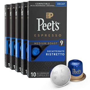 peet's coffee, dark roast decaf espresso pods, decaf ristretto intensity 9, 50 count (5 boxes of 10 espresso capsules)