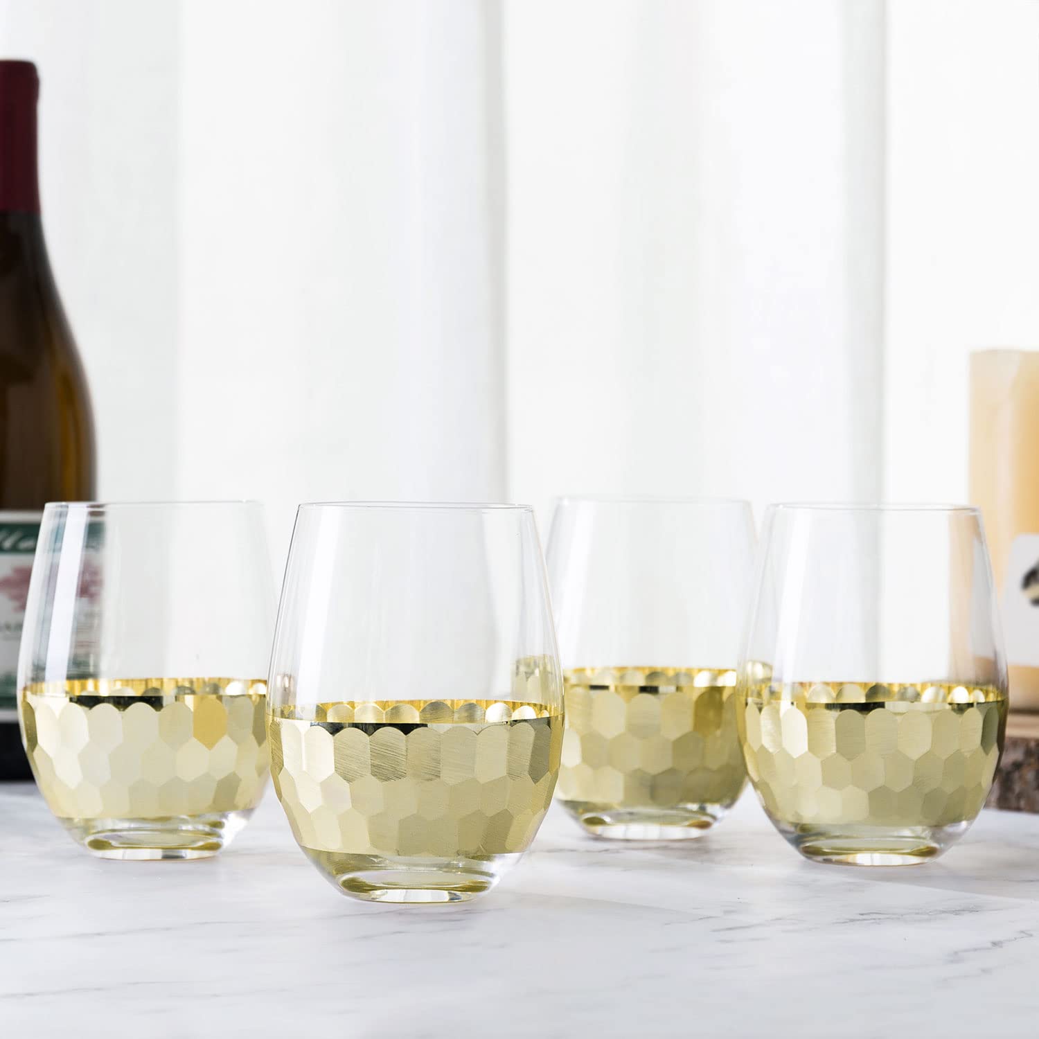 MyGift 18 oz Stemless Wine Glasses Set of 4 with Gold-Tone Hammered Design