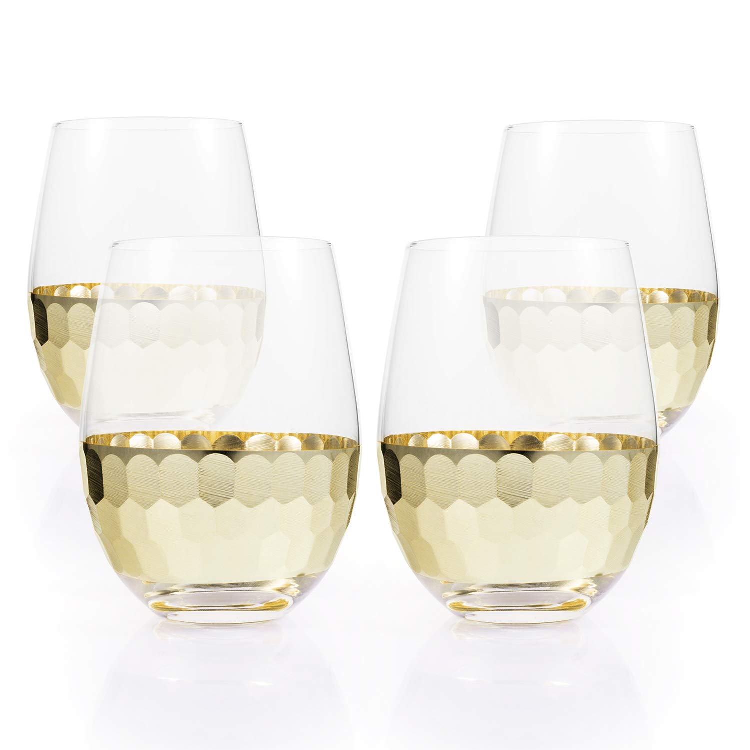 MyGift 18 oz Stemless Wine Glasses Set of 4 with Gold-Tone Hammered Design