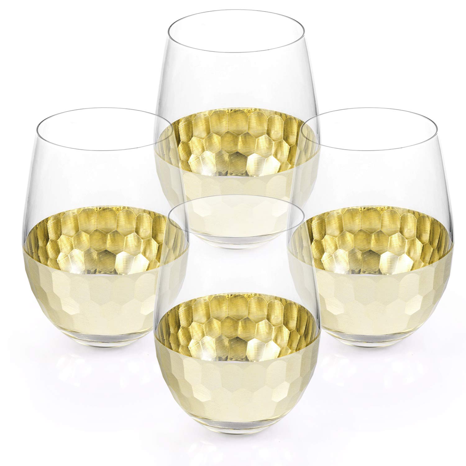 MyGift 18 oz Stemless Wine Glasses Set of 4 with Gold-Tone Hammered Design