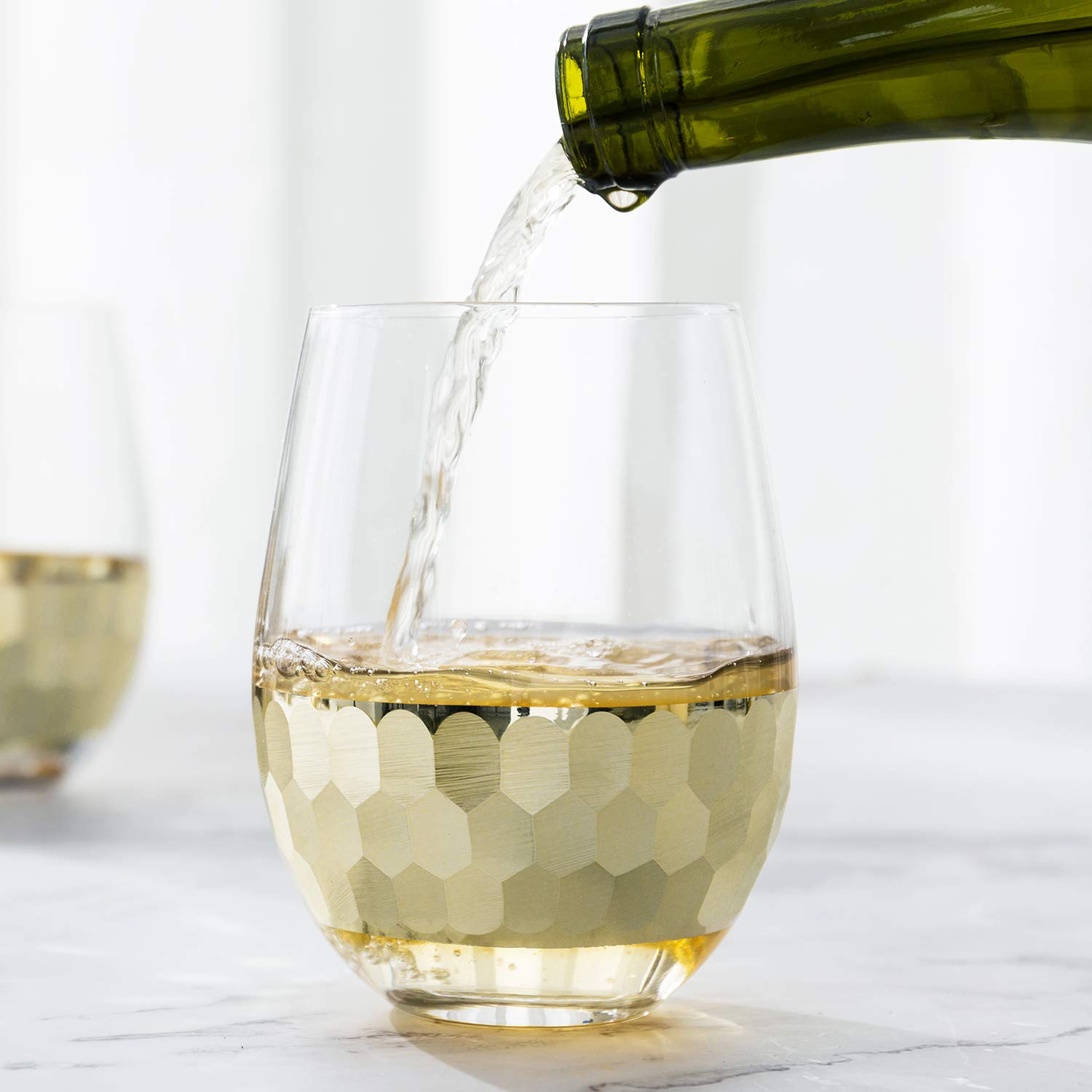 MyGift 18 oz Stemless Wine Glasses Set of 4 with Gold-Tone Hammered Design