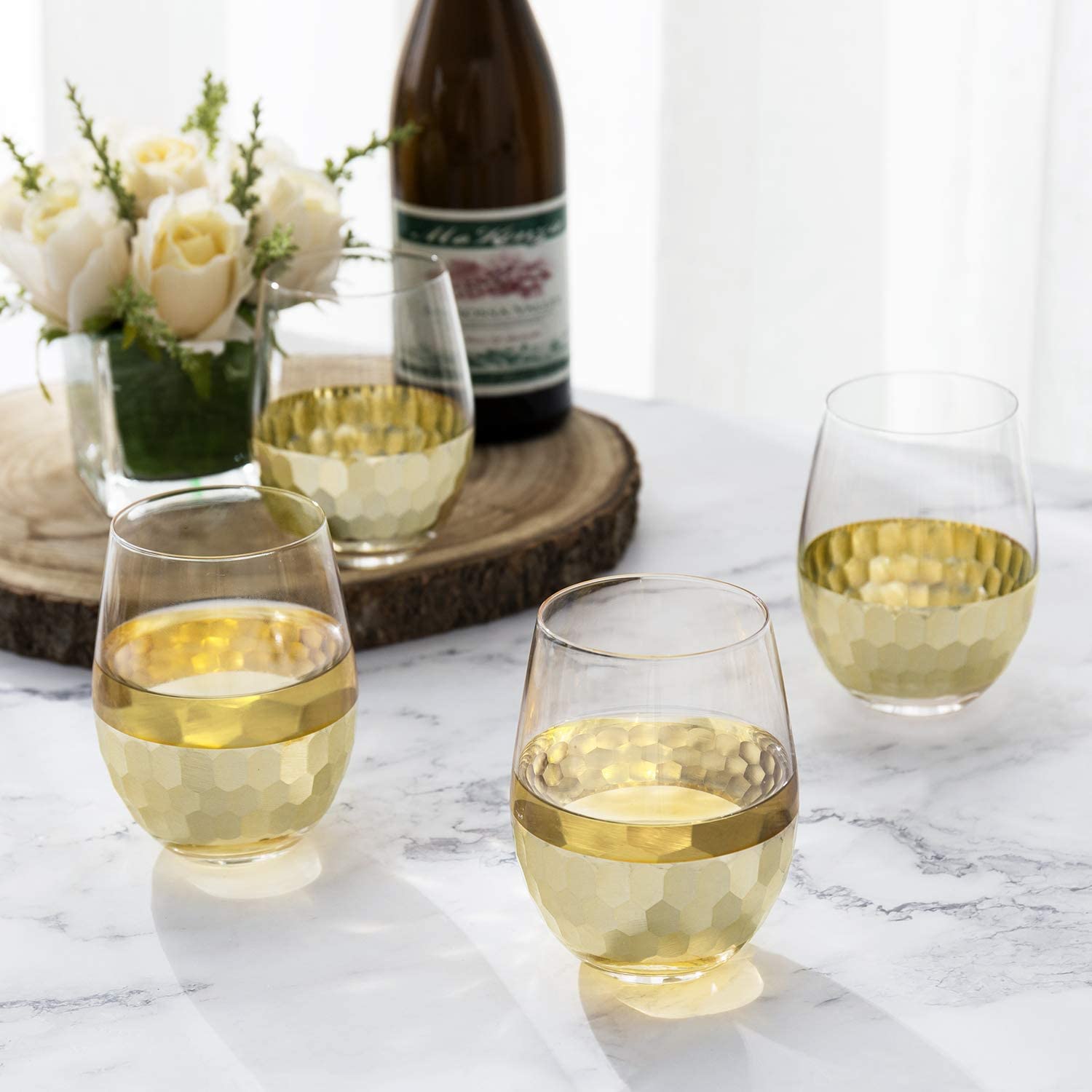 MyGift 18 oz Stemless Wine Glasses Set of 4 with Gold-Tone Hammered Design