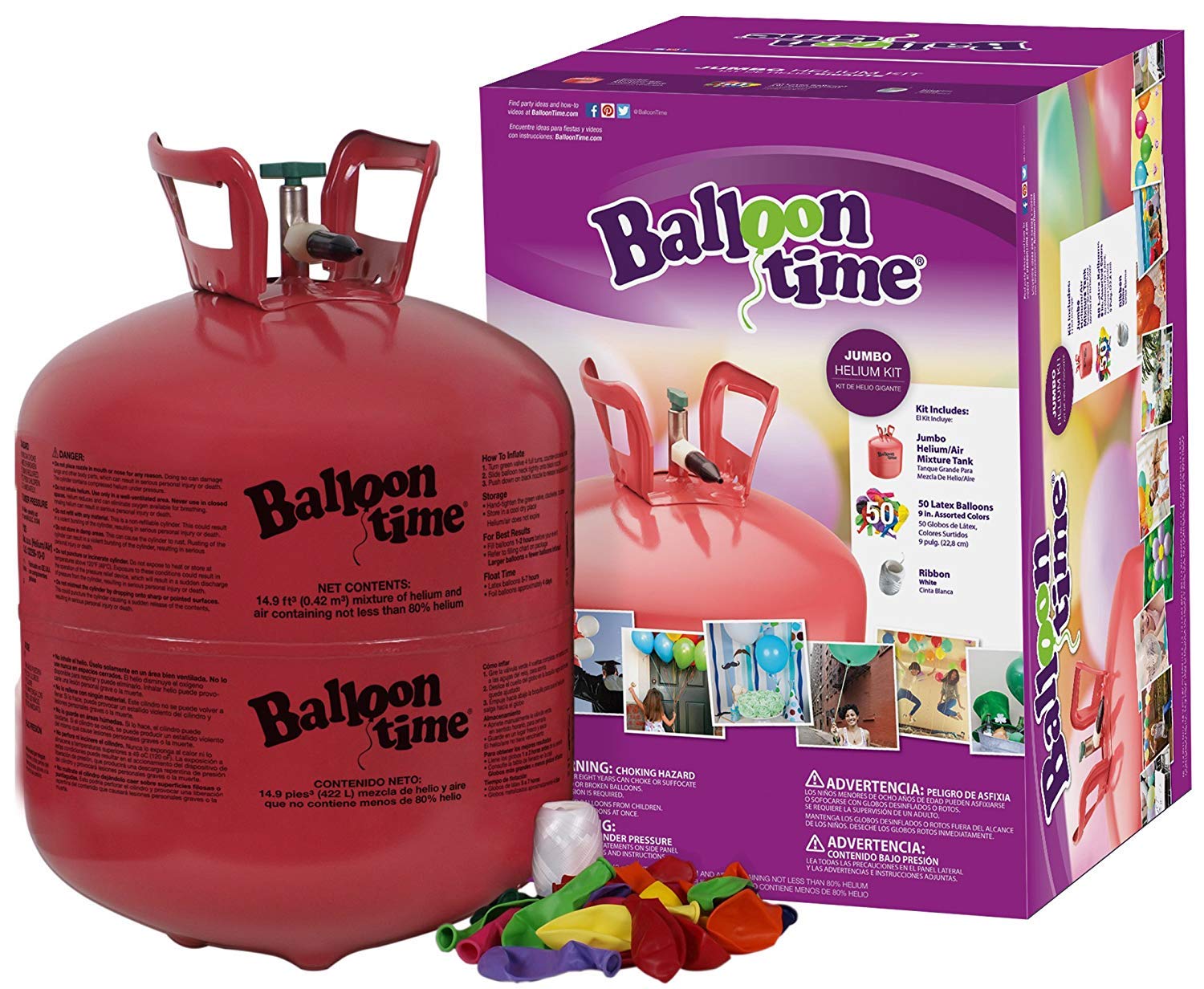 BLUE RIBBON, Helium Tank with 50 Balloons and White Ribbon + 12 Silver Balloon Weights + Plus Balloon Tying Tool and Flower Clips