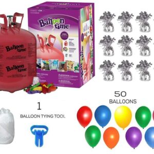 BLUE RIBBON, Helium Tank with 50 Balloons and White Ribbon + 12 Silver Balloon Weights + Plus Balloon Tying Tool and Flower Clips