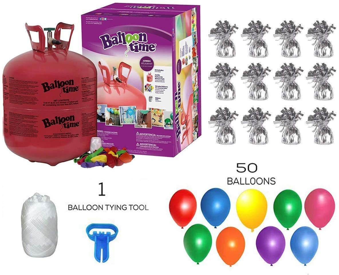 BLUE RIBBON, Helium Tank with 50 Balloons and White Ribbon + 12 Silver Balloon Weights + Plus Balloon Tying Tool and Flower Clips