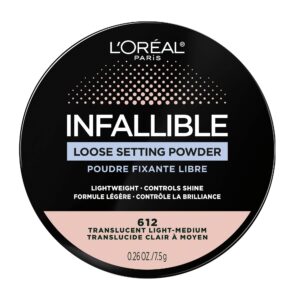 l'oreal paris infallible tinted loose setting powders, matte finish, lightweight, no white cast, 2 shades from light to deep, translucent medium-deep, 0.28 oz