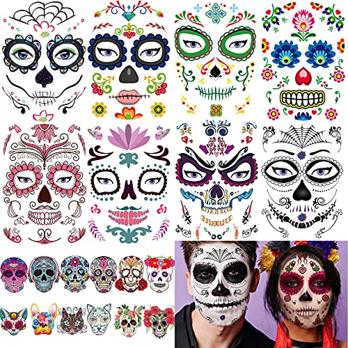 20 Sheets Day of the Dead Face Sugar Skull Tattoos,Including 8 Large Sheets Halloween Temporary Face Tattoos, Halloween Sugar Skull Face Tattoos