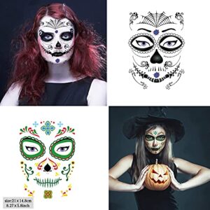 20 Sheets Day of the Dead Face Sugar Skull Tattoos,Including 8 Large Sheets Halloween Temporary Face Tattoos, Halloween Sugar Skull Face Tattoos