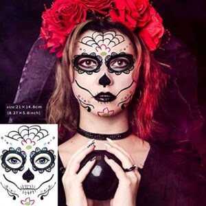 20 Sheets Day of the Dead Face Sugar Skull Tattoos,Including 8 Large Sheets Halloween Temporary Face Tattoos, Halloween Sugar Skull Face Tattoos