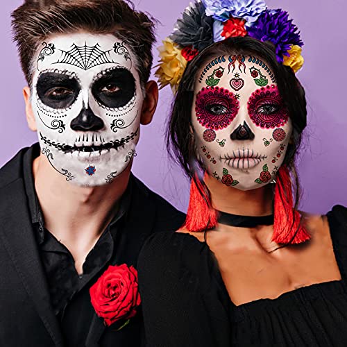 20 Sheets Day of the Dead Face Sugar Skull Tattoos,Including 8 Large Sheets Halloween Temporary Face Tattoos, Halloween Sugar Skull Face Tattoos