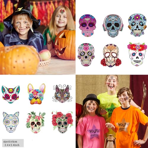 20 Sheets Day of the Dead Face Sugar Skull Tattoos,Including 8 Large Sheets Halloween Temporary Face Tattoos, Halloween Sugar Skull Face Tattoos