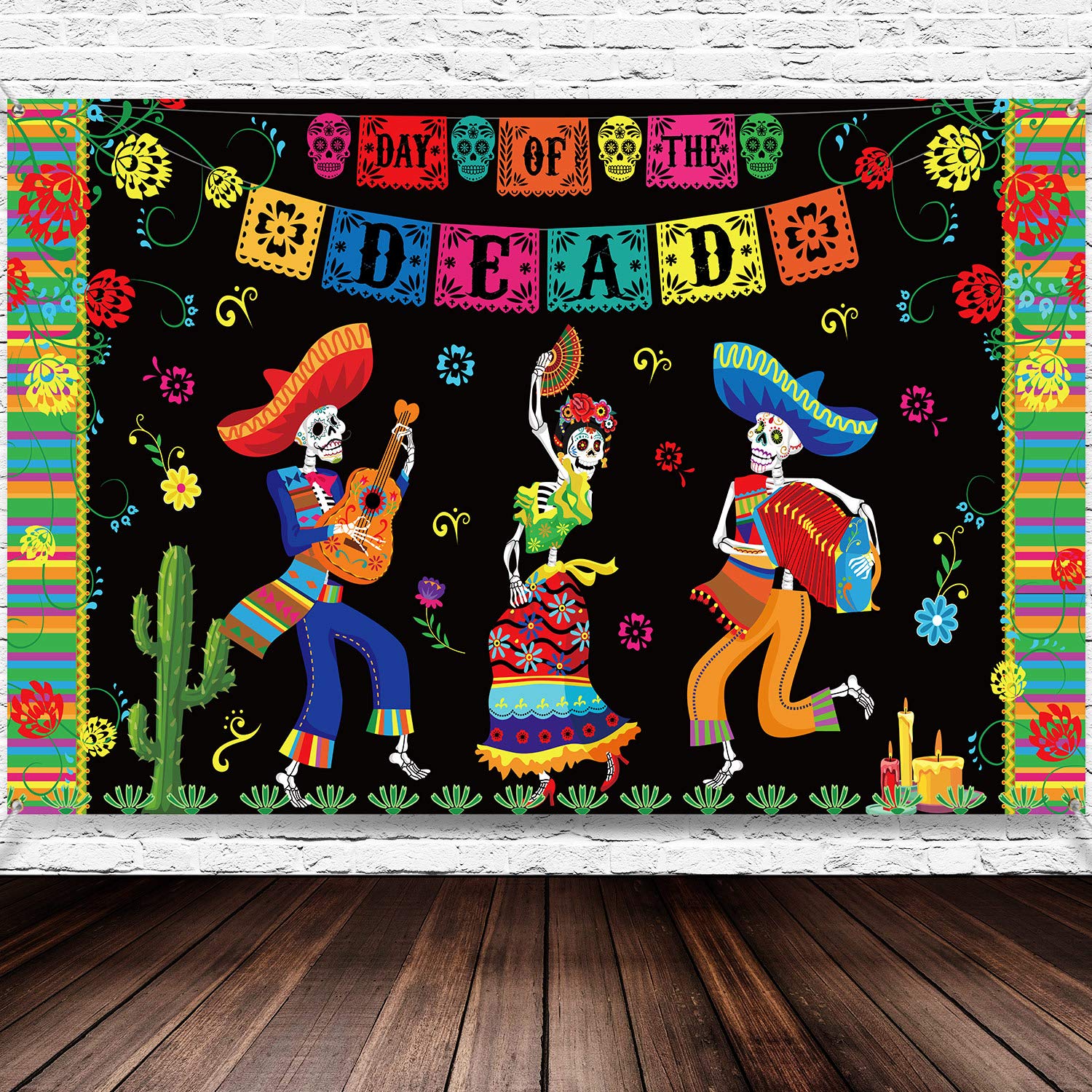 Day of The Dead Party Supplies, 6 x 3.6 ft Extra Large Fabric Day of The Dead Backdrop Banner for Halloween - Party Decoration Photo Booth Backdrop Skull Background Banner