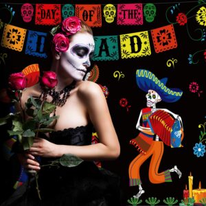 Day of The Dead Party Supplies, 6 x 3.6 ft Extra Large Fabric Day of The Dead Backdrop Banner for Halloween - Party Decoration Photo Booth Backdrop Skull Background Banner