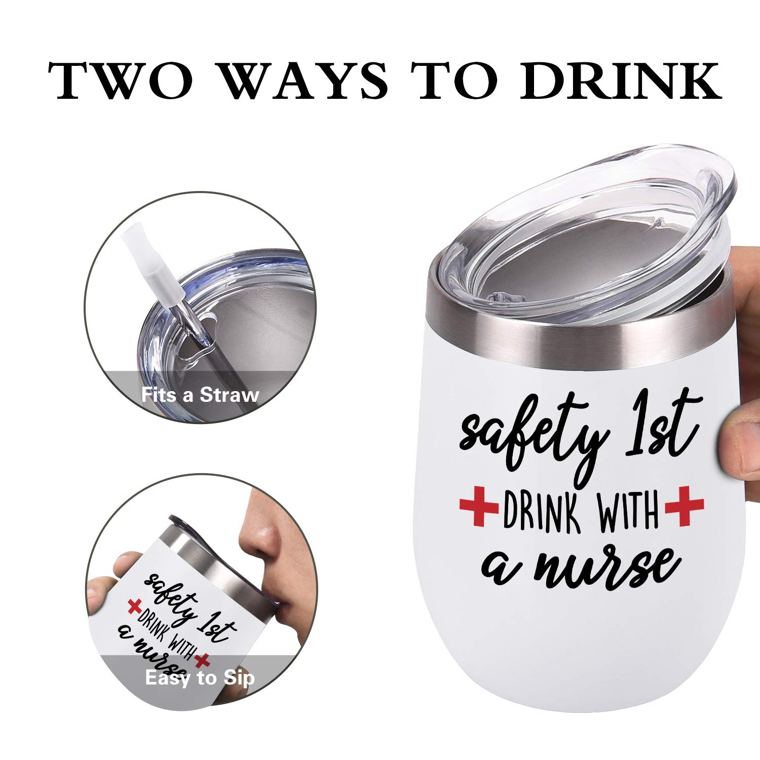 Nurse Ideas for Women, Safety 1st Drink with a Nurse Wine Tumbler, Idea for Women Frineds Girlfriend Nurse New Nurse Doctor Nurse's Day Nurse Graduation, 12 Oz Stainless Steel Insulated Wine Tumbler