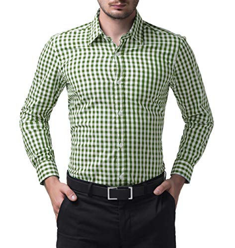 Paul Jones Casual Long-Sleeve Plaid Dress Shirt Checkered Button Down Shirt, Olive Green, Small