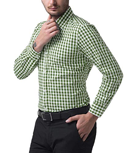 Paul Jones Casual Long-Sleeve Plaid Dress Shirt Checkered Button Down Shirt, Olive Green, Small