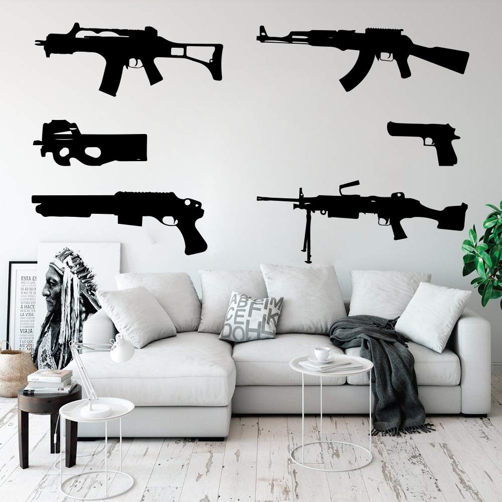 Cool Set of 6 Guns Wall Decal Kids Room Boy Room Weapon Army Solider Military Wall Sticker Bedroom Play Room Vinyl Home Decor