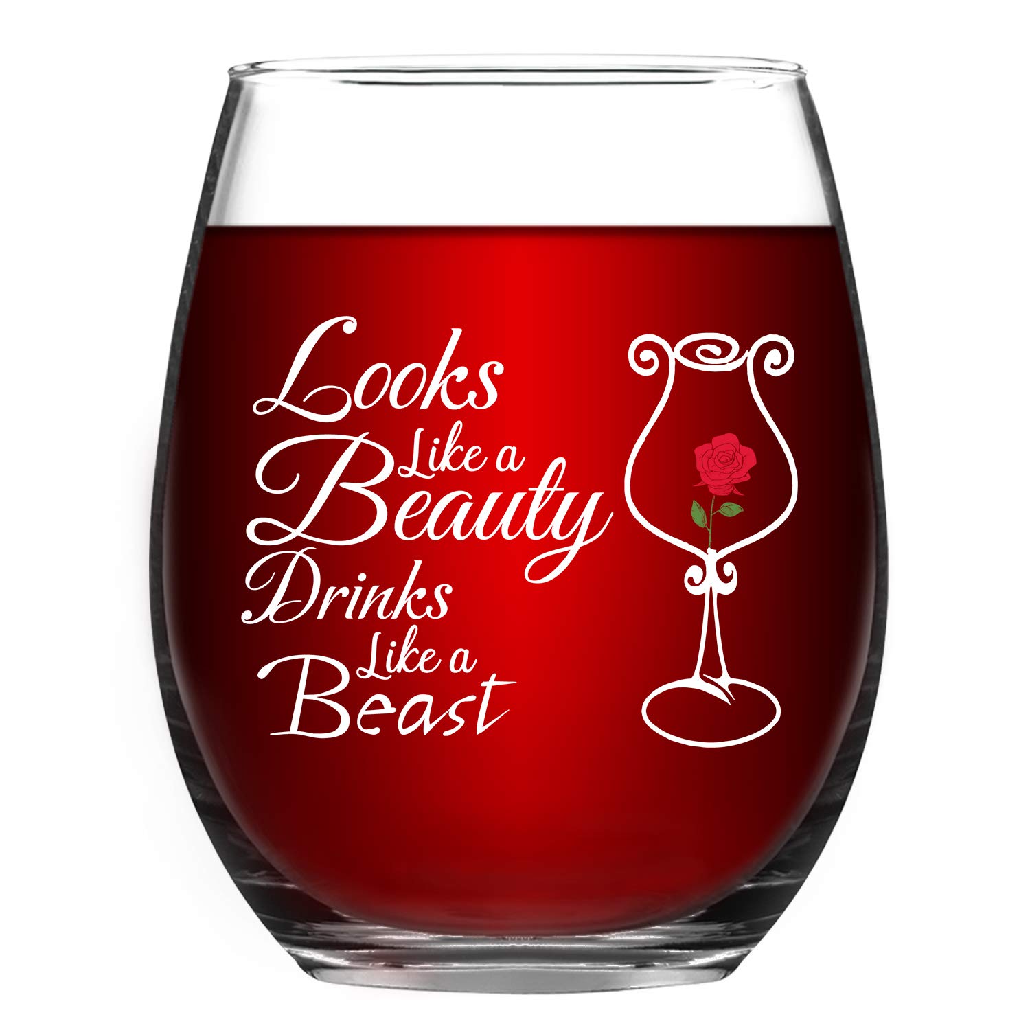 Looks Like a Beauty Drinks Like a Beast Stemless Wine Glass, Funny Wine Glass for Birthday Graduation Galentine's Day Christmas, Wine Glass for Women Girls Sister Her 15 Oz