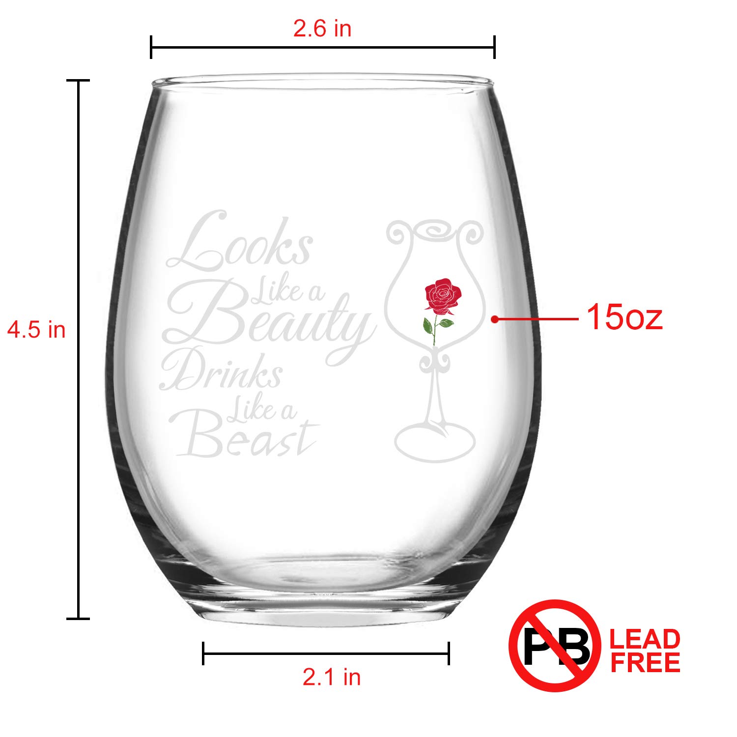 Looks Like a Beauty Drinks Like a Beast Stemless Wine Glass, Funny Wine Glass for Birthday Graduation Galentine's Day Christmas, Wine Glass for Women Girls Sister Her 15 Oz