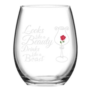 Looks Like a Beauty Drinks Like a Beast Stemless Wine Glass, Funny Wine Glass for Birthday Graduation Galentine's Day Christmas, Wine Glass for Women Girls Sister Her 15 Oz