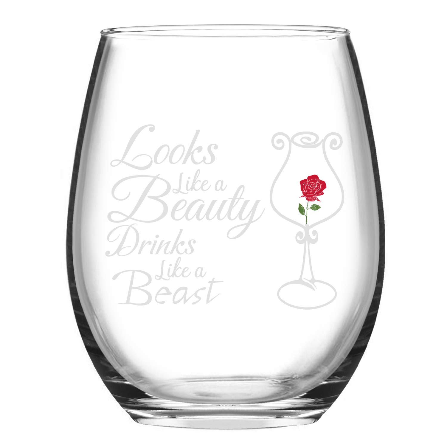 Looks Like a Beauty Drinks Like a Beast Stemless Wine Glass, Funny Wine Glass for Birthday Graduation Galentine's Day Christmas, Wine Glass for Women Girls Sister Her 15 Oz