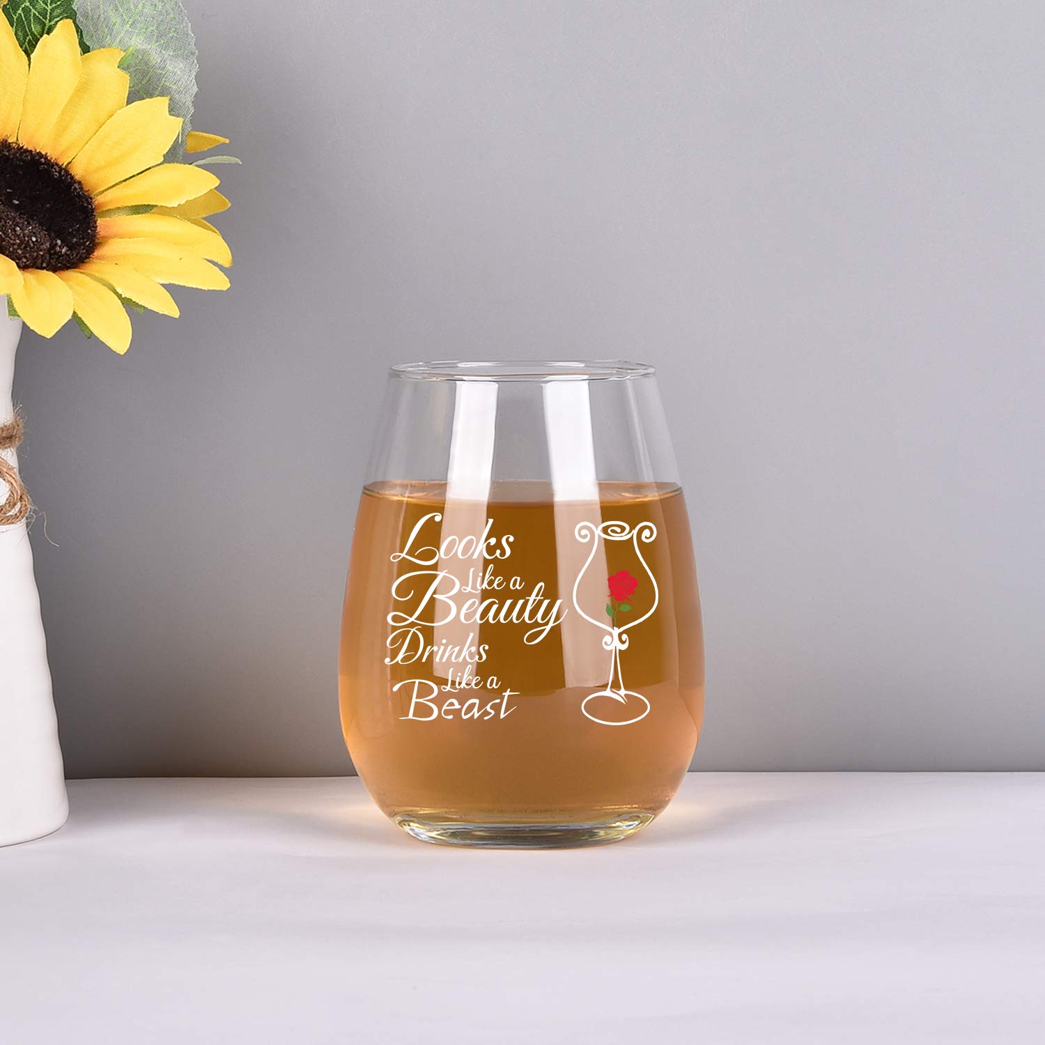 Looks Like a Beauty Drinks Like a Beast Stemless Wine Glass, Funny Wine Glass for Birthday Graduation Galentine's Day Christmas, Wine Glass for Women Girls Sister Her 15 Oz