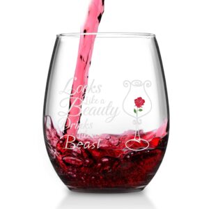 Looks Like a Beauty Drinks Like a Beast Stemless Wine Glass, Funny Wine Glass for Birthday Graduation Galentine's Day Christmas, Wine Glass for Women Girls Sister Her 15 Oz