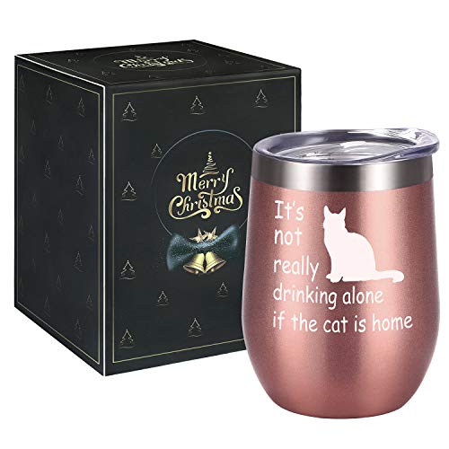 GINGPROUS Cat Lover Gifts for Women, It's not Really Drinking Alone if the Cat is Home Wine Tumbler, Funny Birthday Gifts for Women Cat Mom Cat Lover Cat Lady