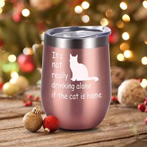 GINGPROUS Cat Lover Gifts for Women, It's not Really Drinking Alone if the Cat is Home Wine Tumbler, Funny Birthday Gifts for Women Cat Mom Cat Lover Cat Lady