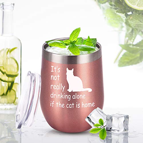 GINGPROUS Cat Lover Gifts for Women, It's not Really Drinking Alone if the Cat is Home Wine Tumbler, Funny Birthday Gifts for Women Cat Mom Cat Lover Cat Lady