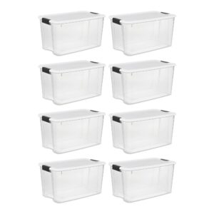 sterilite 70 qt ultra latch box, stackable storage bin with latching lid, organize clothes, sport gear in basement, clear with white lid, 8-pack