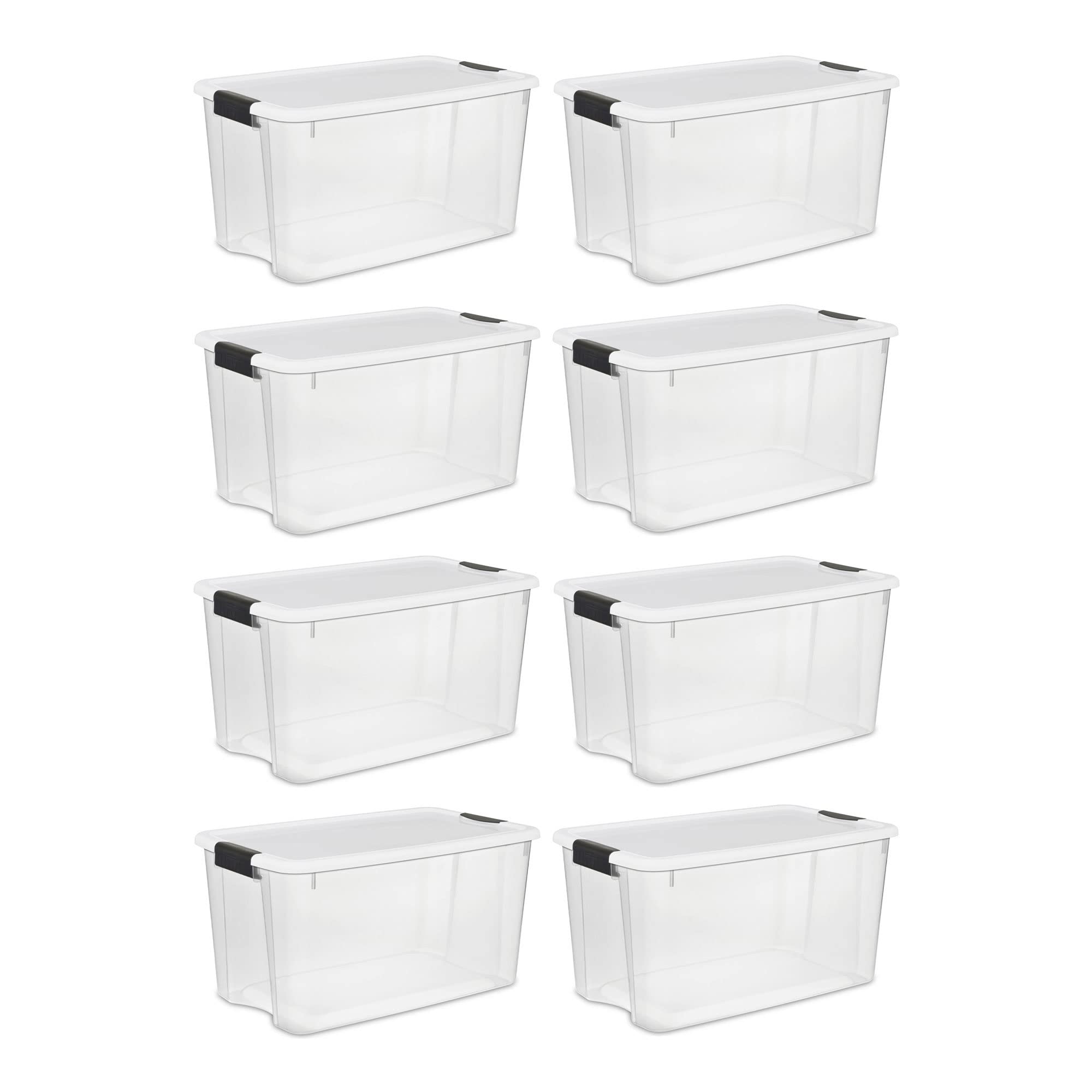 Sterilite 70 Qt Ultra Latch Box, Stackable Storage Bin with Latching Lid, Organize Clothes, Sport Gear in Basement, Clear with White Lid, 8-Pack